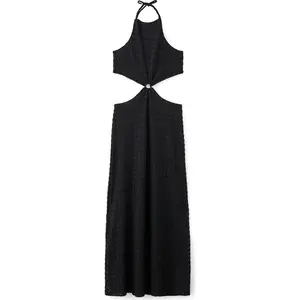 Mango Embroidered Cutout Halter Maxi Dress - Black