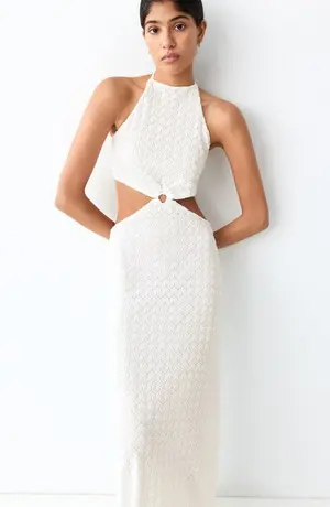 Mango Embroidered Cutout Halter Maxi Dress - Off White