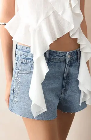 Mango Studded Denim Shorts - Medium Blue