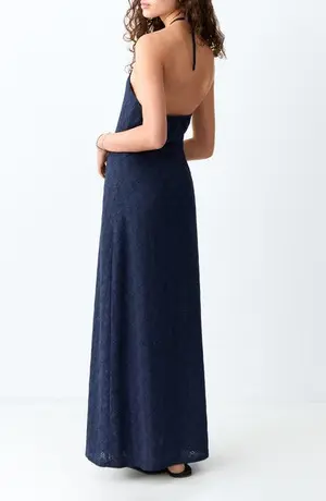 Mango Embroidered Halter Neck Denim Maxi Dress
