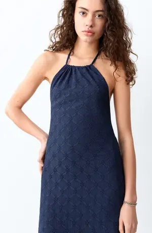Mango Embroidered Halter Neck Denim Maxi Dress