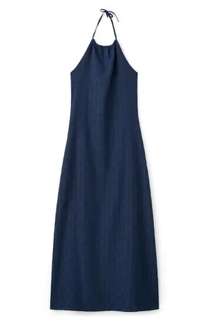 Mango Embroidered Halter Neck Denim Maxi Dress