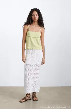 Mango Frayed Trim Square Neck Tank Top