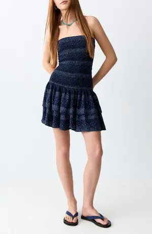 Mango Printed Smocked Strapless Tiered Minidress - Navy