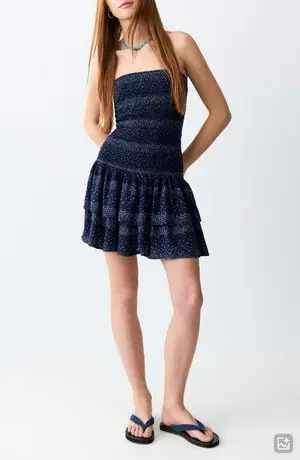 Mango Printed Smocked Strapless Tiered Minidress