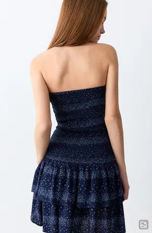 Mango Printed Smocked Strapless Tiered Minidress