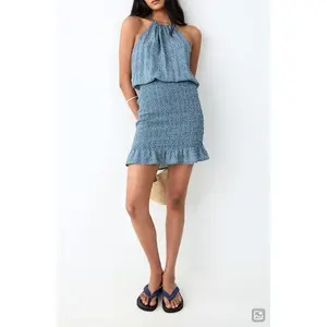 Mango Printed Smocked Halter Neck Minidress - Blue