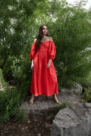 VASILIKI Farah Off-shoulder Puff Sleeve Cotton Midi Dress