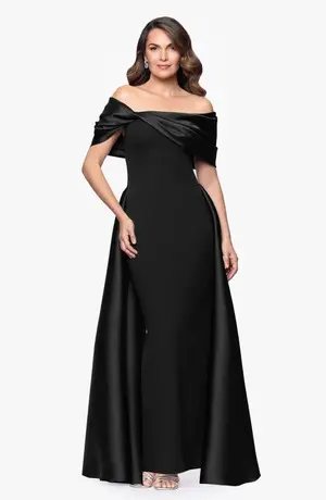 Betsy & Adam Off-the-shoulder Gown With Cape Detail