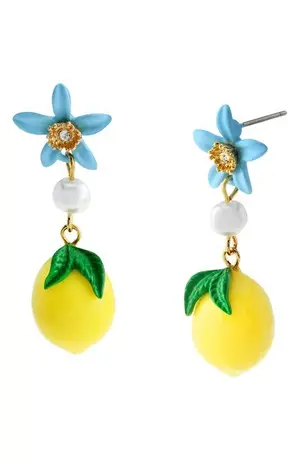 Betsey Johnson Flower & Lemon Imitation Pearl Drop Earrings - Yellow