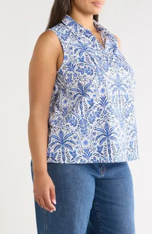 SUGARLIPS Romina Sleeveless Top With Tropical Print And Classic Collar