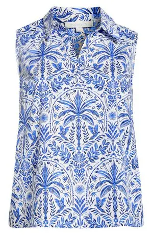 SUGARLIPS Romina Sleeveless Top With Tropical Print And Classic Collar