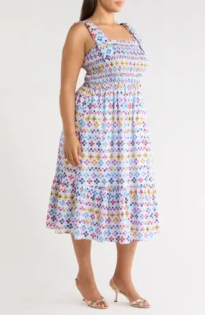 SUGARLIPS Geometric Print Smocked Midi Dress