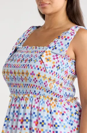 SUGARLIPS Geometric Print Smocked Midi Dress