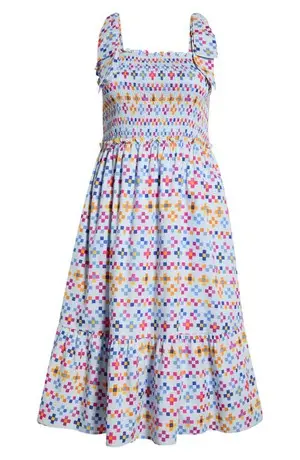 SUGARLIPS Geometric Print Smocked Midi Dress