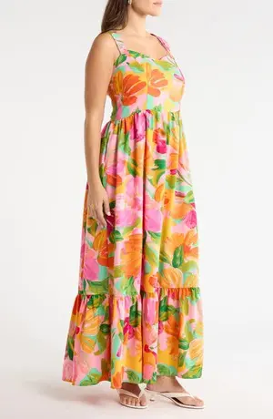 SUGARLIPS Jovana Floral Smocked Tie Shoulder Maxi Dress