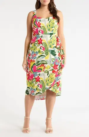 SUGARLIPS Tropical Faux Wrap Midi Dress - Bright-multi