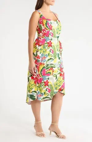 SUGARLIPS Tropical Faux Wrap Midi Dress