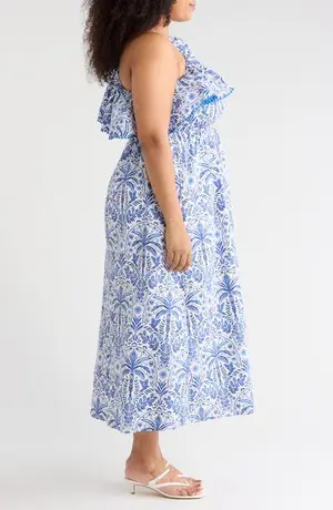 SUGARLIPS Romina One-shoulder Tropical Print Midi Dress