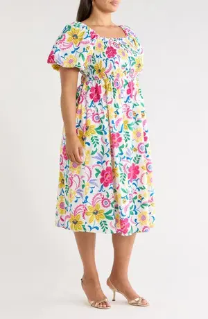 SUGARLIPS Floral Print Smocked Midi Dress