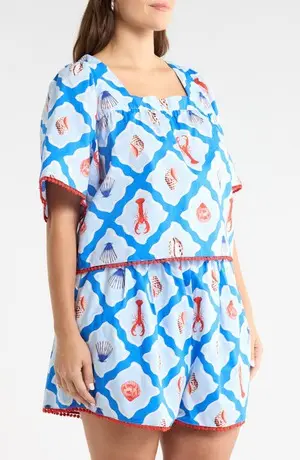 SUGARLIPS Lobster And Seashell Print Bell Sleeve Top With Pom-pom Trim