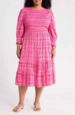SUGARLIPS Mirany Ikat Print Long Sleeve Tiered Midi Dress