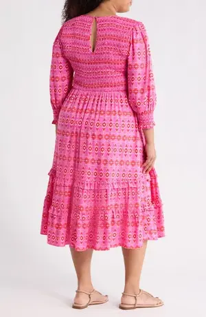 SUGARLIPS Mirany Ikat Print Long Sleeve Tiered Midi Dress