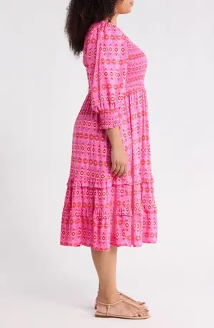 SUGARLIPS Mirany Ikat Print Long Sleeve Tiered Midi Dress