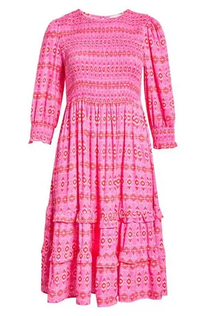 SUGARLIPS Mirany Ikat Print Long Sleeve Tiered Midi Dress