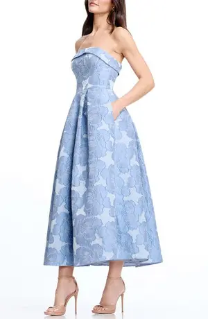 Dress The Population Mika Strapless A-line Floral Jacquard Midi Dress