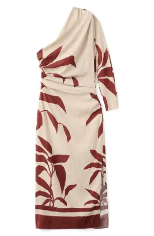 Mango Leaf Print Ruched One Shoulder Midi Dress