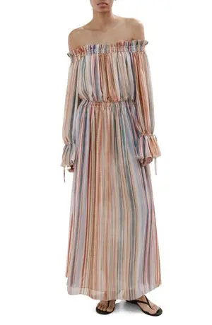 Mango Stripe Long Sleeve Off The Shoulder Maxi Dress - Ecru