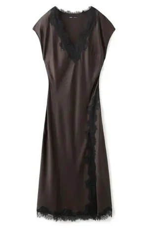 Mango Lace Trim Satin Maxi Dress - Brown