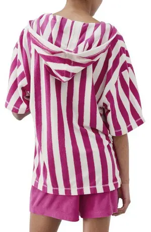 Mango Striped Hooded Cotton Blend Pajama Shirt - Fuchsia