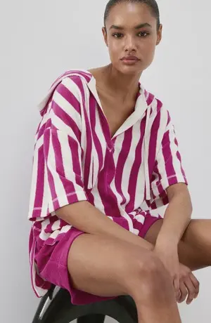 Mango Striped Hooded Cotton Blend Pajama Shirt - Fuchsia