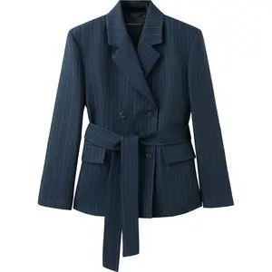 Mango Belted Pinstripe Jacket - Navy