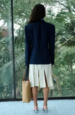 Mango Belted Double-breasted Pinstripe Blazer