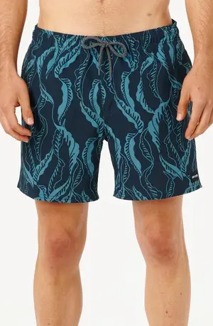 Rip Curl Volley Swim Trunks With Tropical Print - Navy