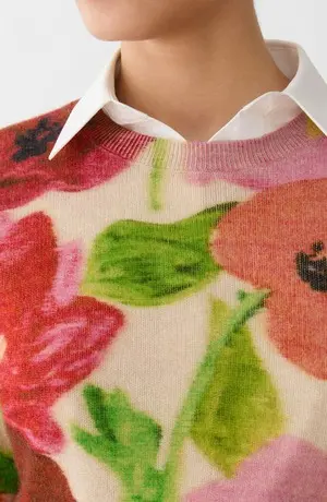 Lafayette 148 New York Blossom Print Cashmere Crewneck Sweater
