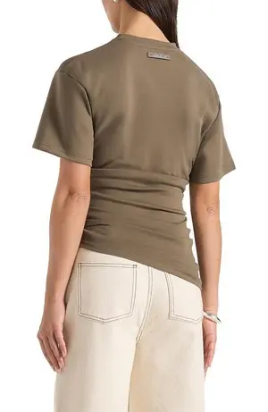 Manière De Voir Asymmetrical Ruched Cotton T-shirt - Olive