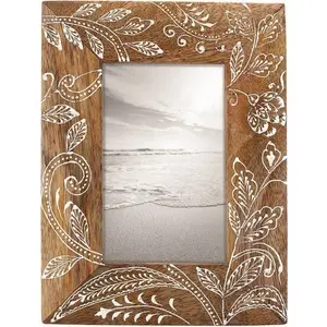 FORESIDE HOME AND GARDEN Natural Wood 4 X 6 Inch Floral Pattern Decorative Wood Picture Frame - Brown