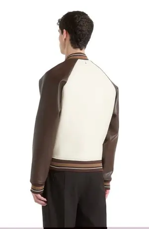 Manière De Voir Contrast Leather Bomber Jacket - Cream