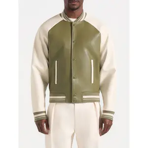 Manière De Voir Contrast Leather Bomber Jacket - Olive/cream