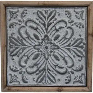 FORESIDE HOME AND GARDEN Whitewashed Tin Tile With Wood Frame Wall Decor - Gray