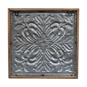 FORESIDE HOME AND GARDEN Whitewashed Tin Tile With Wood Frame Wall Decor