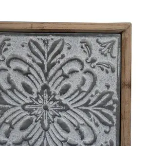 FORESIDE HOME AND GARDEN Whitewashed Tin Tile With Wood Frame Wall Decor