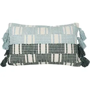 FORESIDE HOME AND GARDEN Hand Woven Tasseled Lumbar Pillow Turquoise Cotton With Polyester Fill - Blue