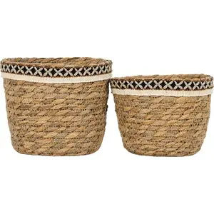FORESIDE HOME AND GARDEN Set Of 2 Embroidered Rim Baskets Natural Seagrass & Jute - Brown