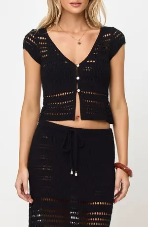 L*Space Tula Semisheer Crop Cotton Open Stitch Cover-up Top - Black
