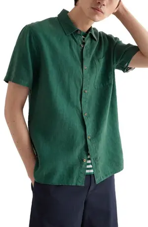 SEASALT CORNWALL Carne Short Sleeve Linen Button-up Shirt - Ruscus Leaf